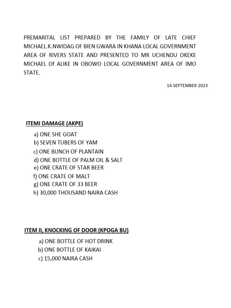 Obowo Traditional Marriage List 2023 | PDF