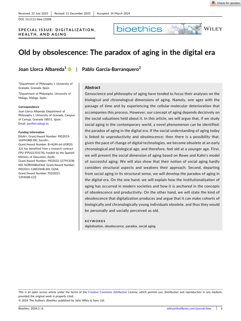 Bioethics - 2024 - Llorca Albareda - Old by Obsolescence The Paradox of Aging in The Digital Era ...