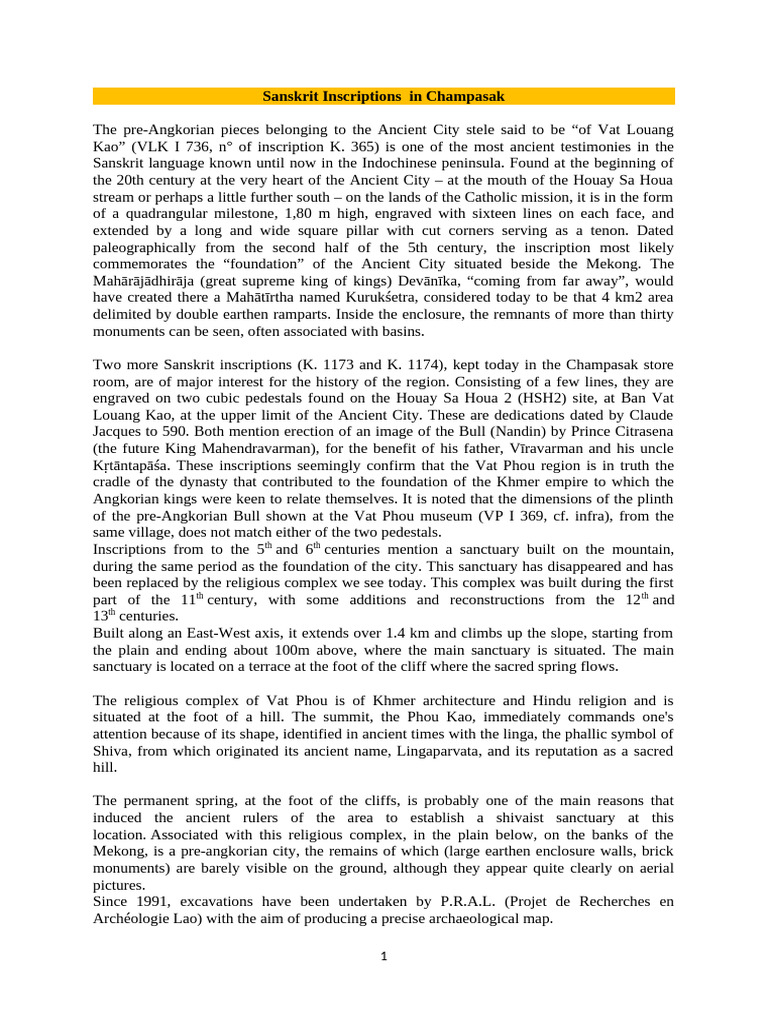 Sanskrit Inscriptions of Champasak | PDF | Angkor