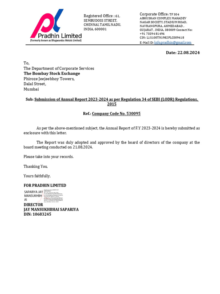 Pradhin Limited Annual Report 2023-2024 | PDF | Login | Password