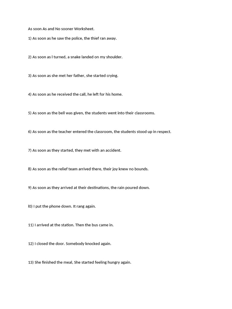 As Soon As and No Sooner Worksheet With Answers | PDF