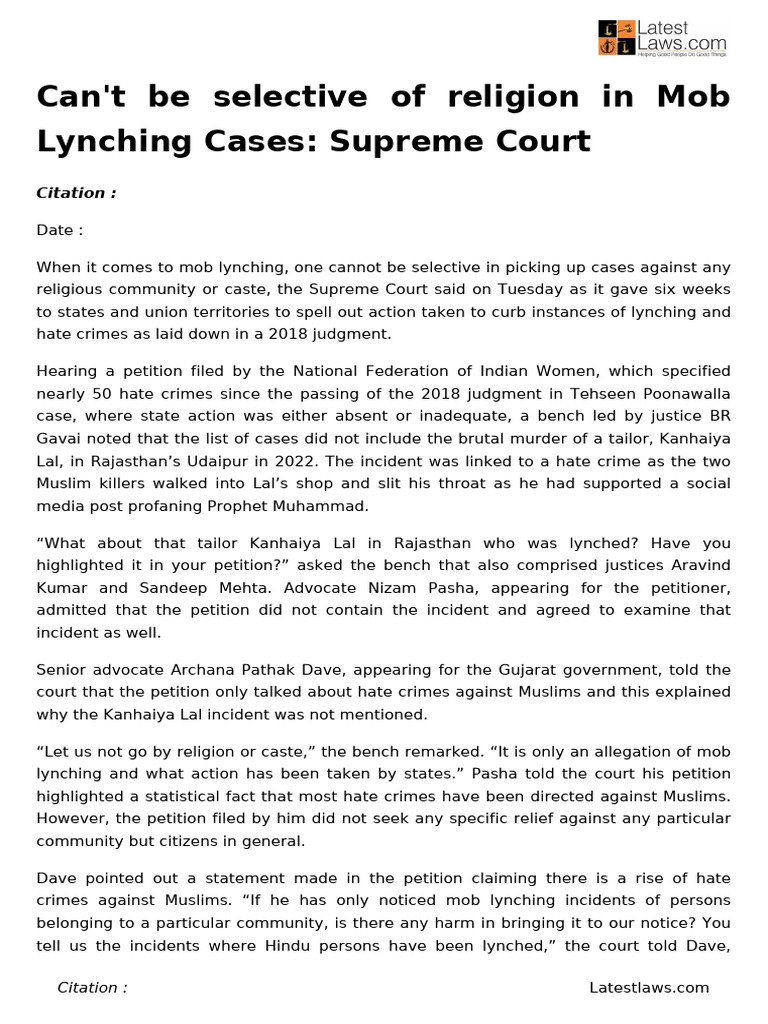 Can't Be Selective of Religion in Mob Lynching Cases - Supreme Court | PDF | Crimes | Crime ...