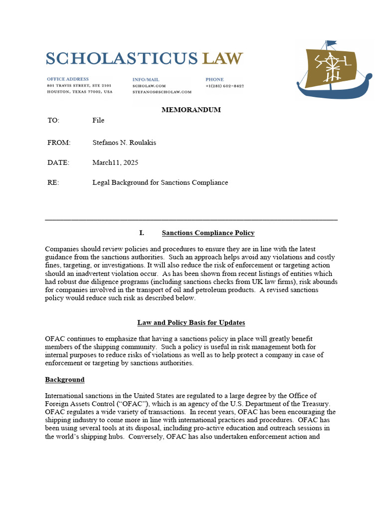 Memo Detailing Recommendations For Sanctions Compliance | PDF | Office ...