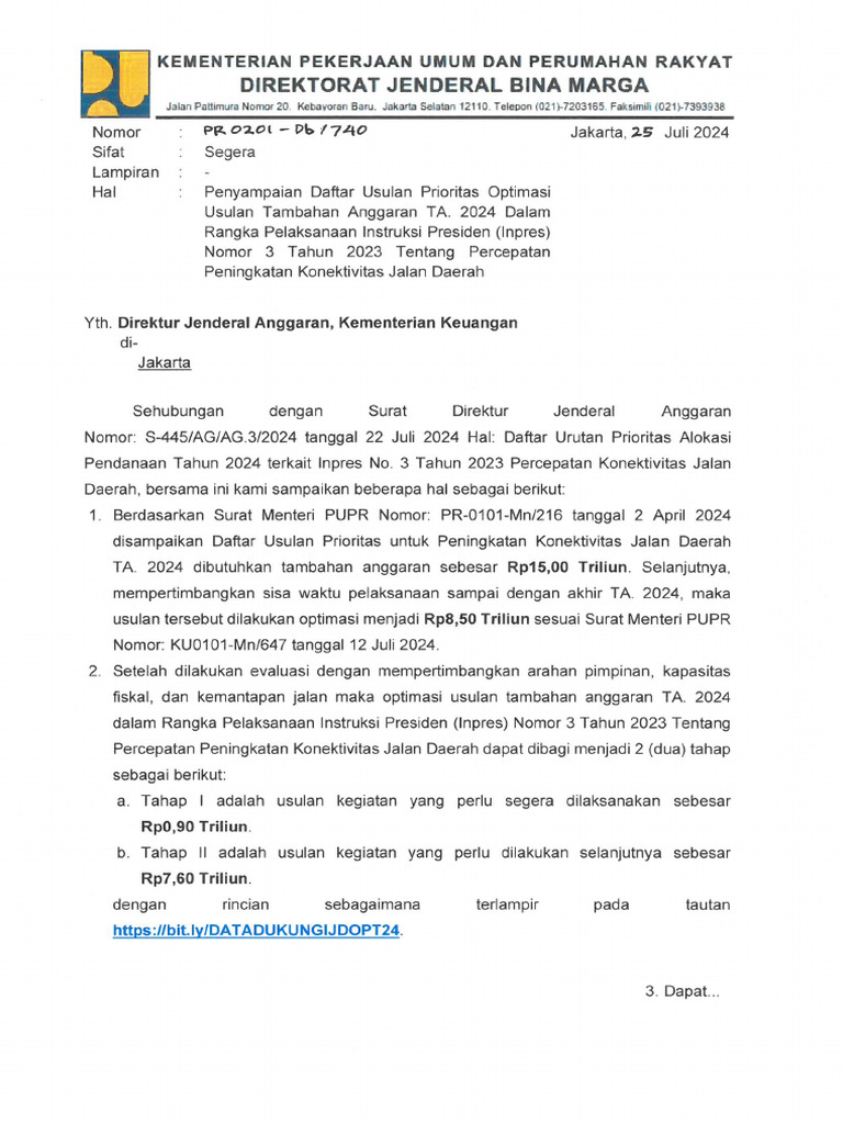 Surat Dirjen Ke Dirjen ANggaran Terkait Usulan Daftar Usulan Prioritas ...
