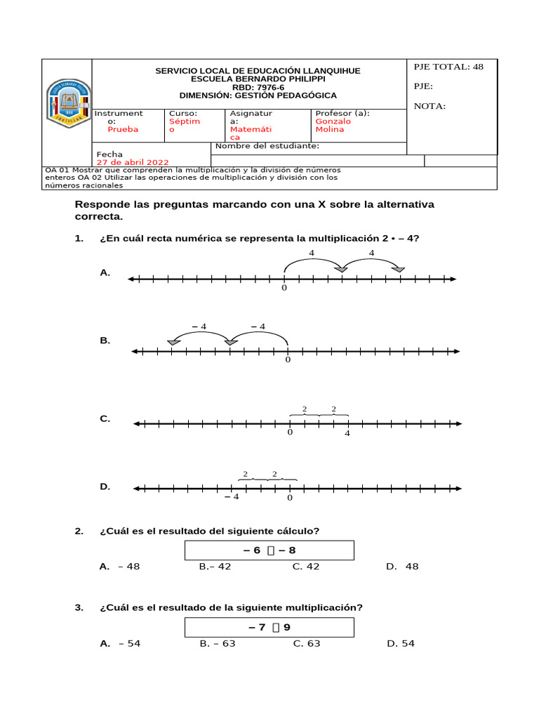 Prueba octavo multiplicacion y division de enteros y racionales | PDF ...