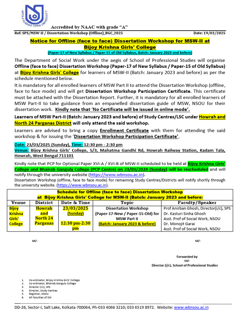 Notice Dissertation Workshop MSW 19032025 BKGC | PDF