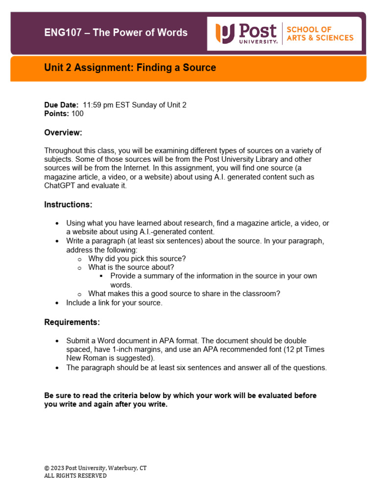 Unit 2 Assignment and Rubric-1 | PDF | Writing | Learning