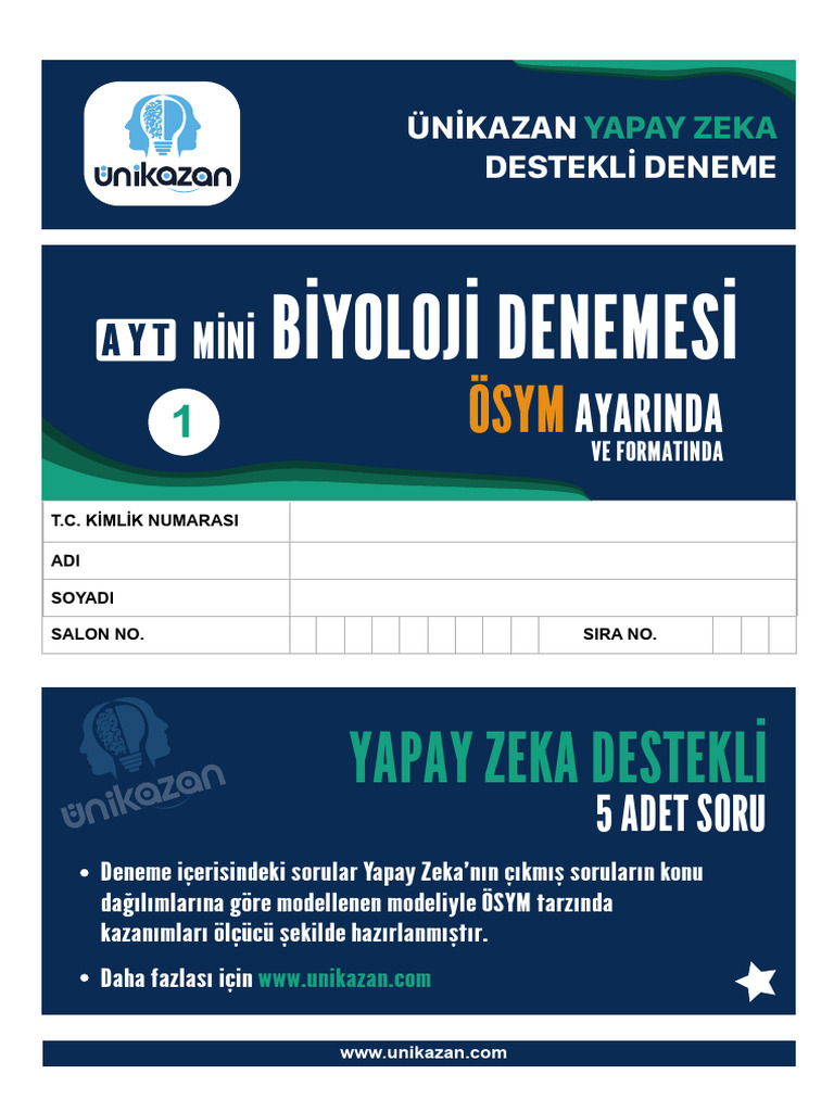Ünikazan Yapay Zeka Destekli AYT Biyoloji Denemesi 1 | PDF