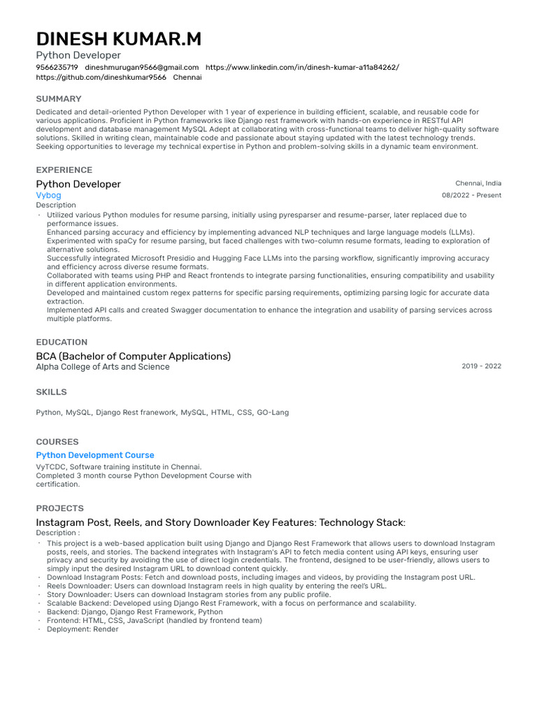 Dinesh Pythondeveloper Resume | PDF | Python (Programming Language) | My Sql