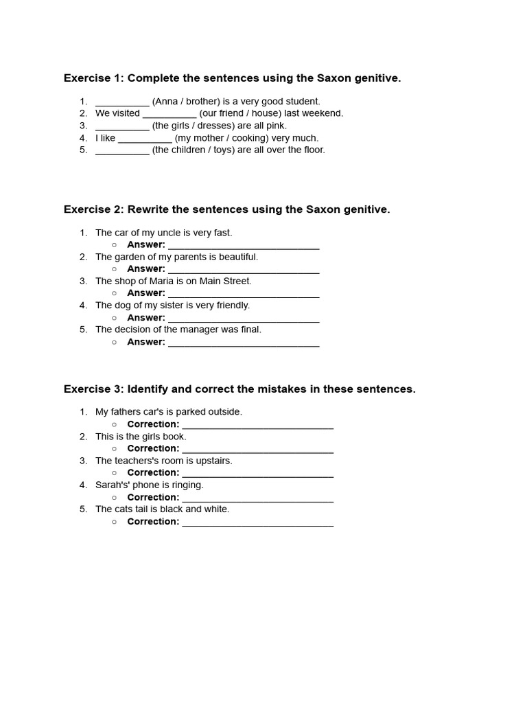 Saxon Genitive Exercises for Beginners | PDF