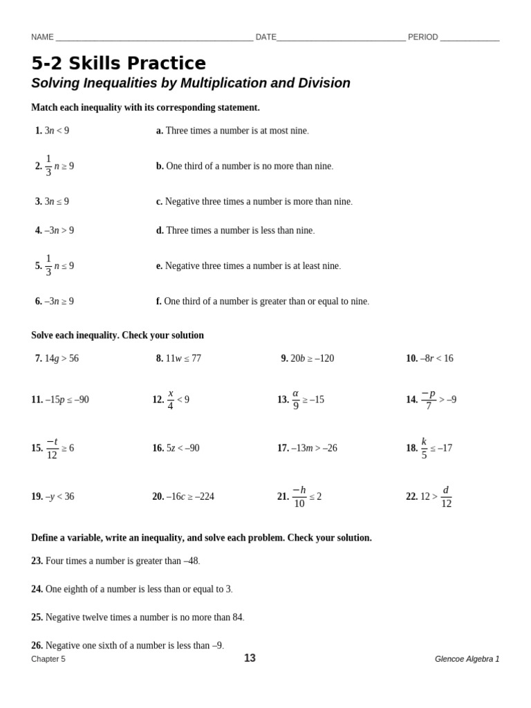 Skills Practice Solving Inequalities by Multiplication and Division ...