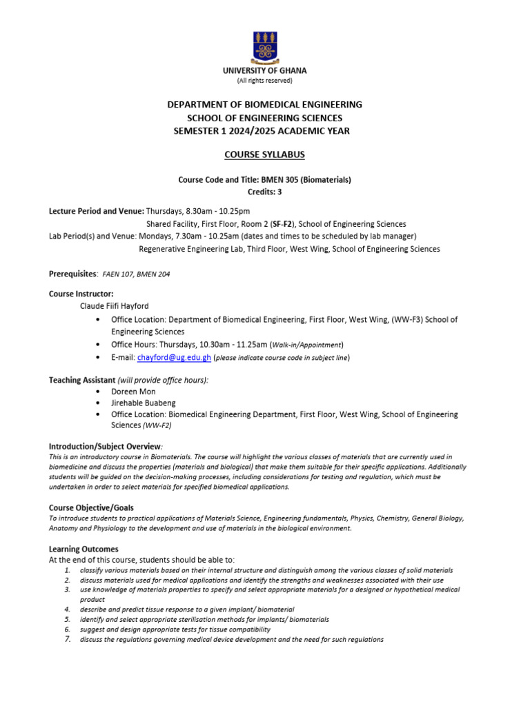 COURSE SYLLABUS - Biomaterials | PDF | Biomaterial | Biodegradation