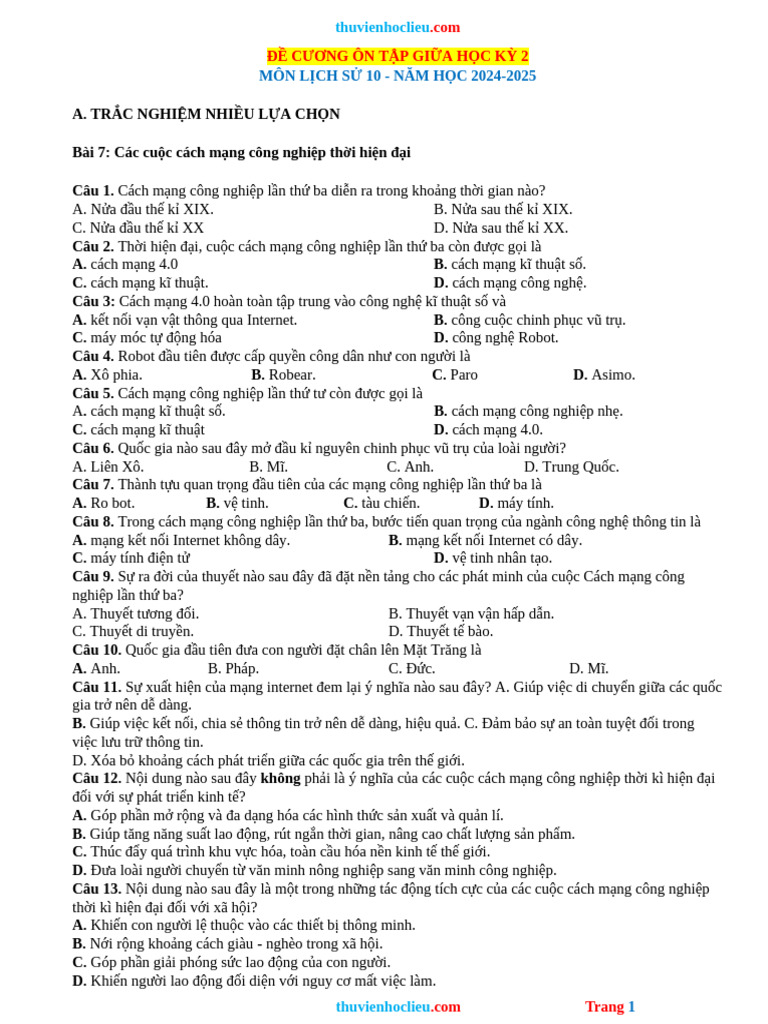 Thuvienhoclieu.com de Cuong on Tap Giua HK2 Lich Su 10 KNTT CTM 24 25 | PDF