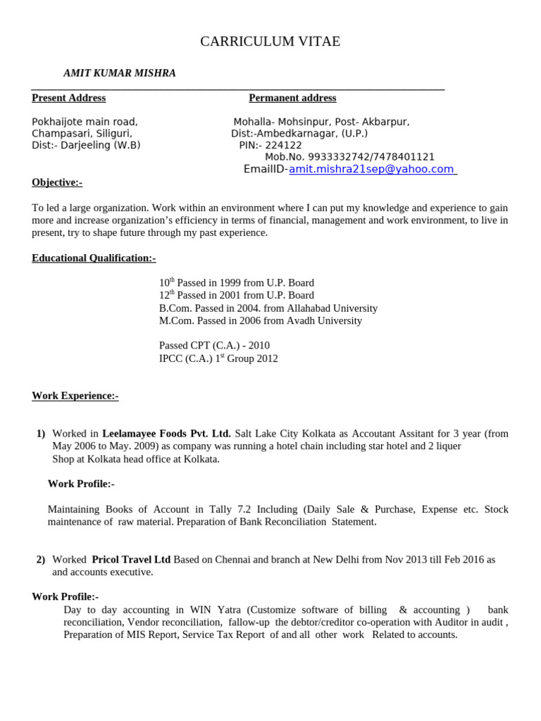 Resume Amit Kumar Mishra | PDF | Business | Accounting