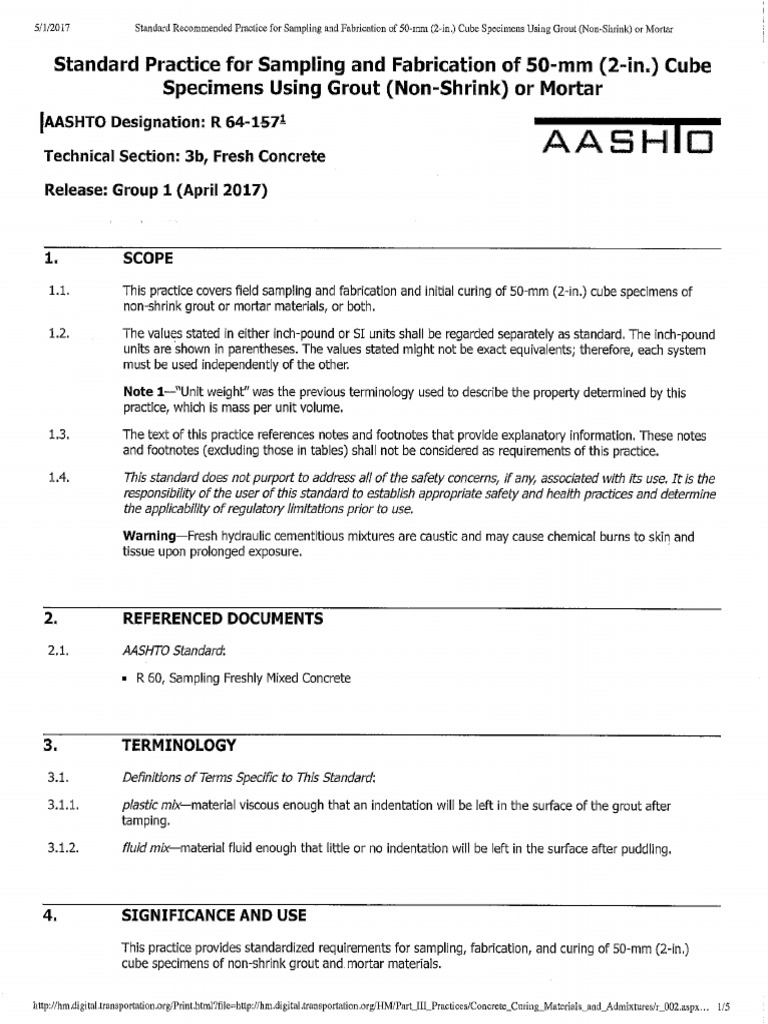 AASHTO R64-17 Sampling of 50mm Cube Specimens Using Grout or Mortar | PDF