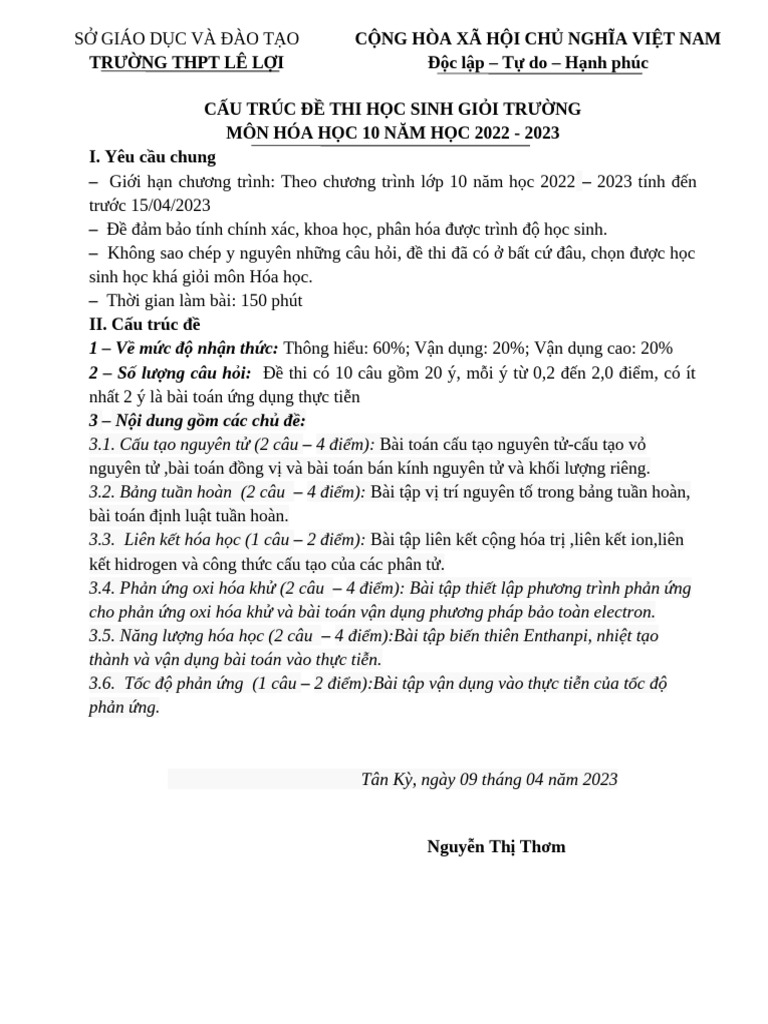 Cấu trúc đề thi HSG Hóa10 | PDF