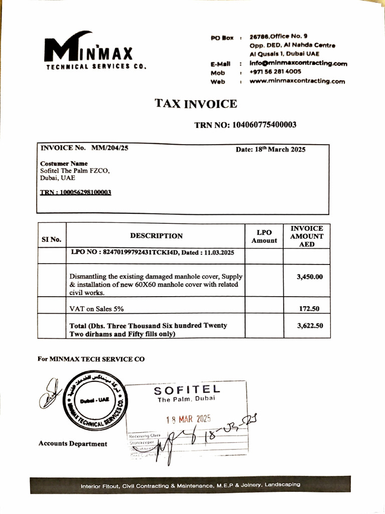 Manhole Cover Sofitel Invoice Minmax | PDF