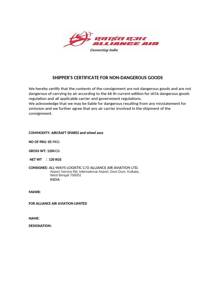 Non-Dangerous Goods Certificate Template | PDF