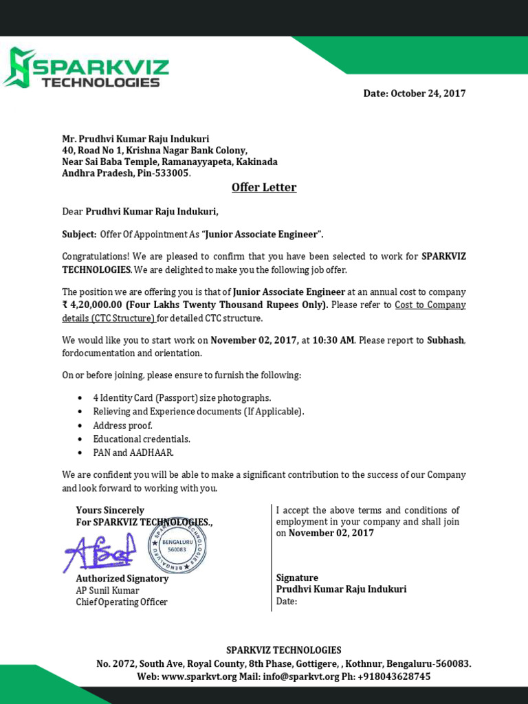 Sparkviz Technologies Job Offer Letter | PDF | Employment | Justice