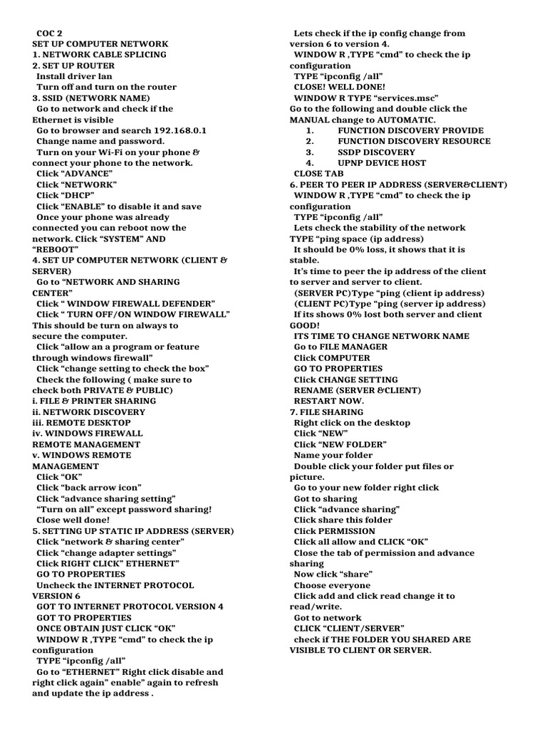 COC 2 Computer Network Setup Guide | PDF | Computer Network | Ip Address
