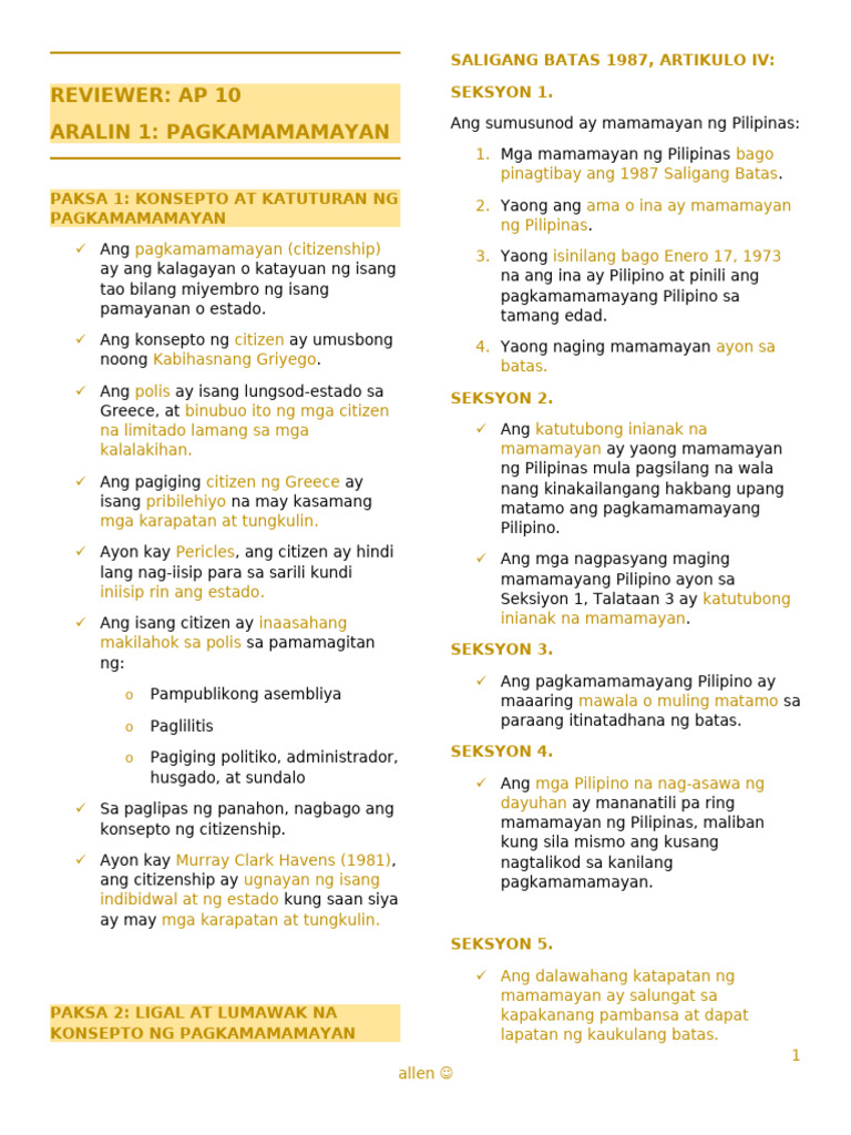 Reviewer: Ap 10 Aralin 1: Pagkamamamayan: Saligang Batas 1987, Artikulo Iv: Seksyon 1 | PDF