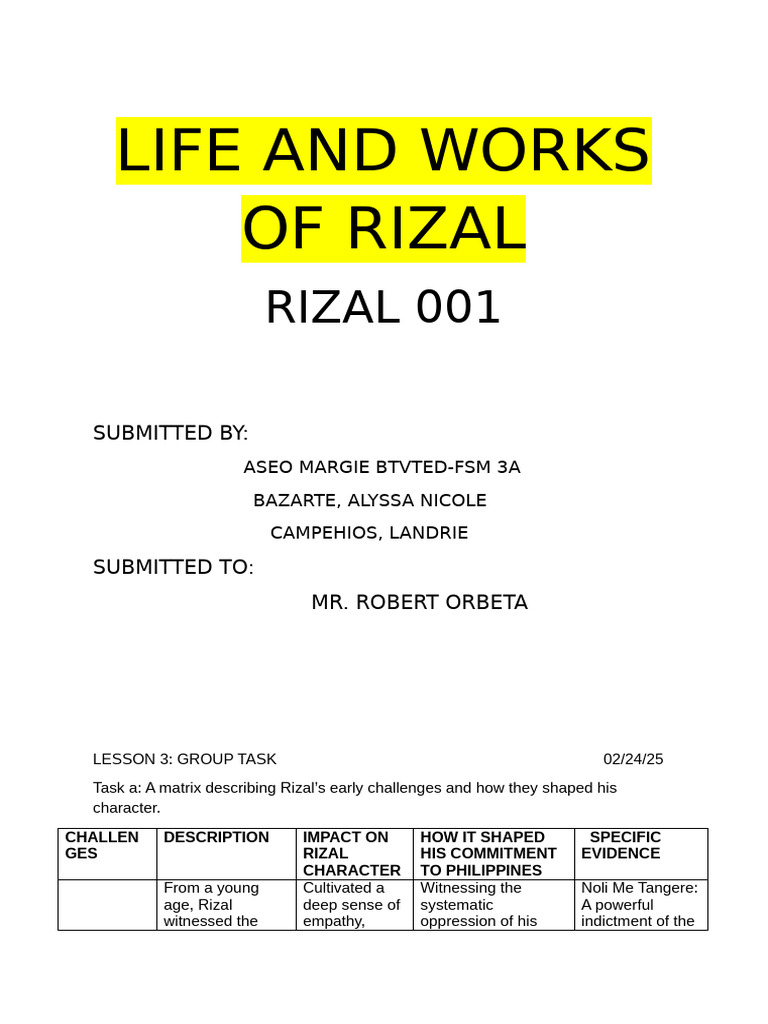 Rizal Matrix Synthesis 3 and Synthesis 4 Group Workdocs Aseo Campehios ...