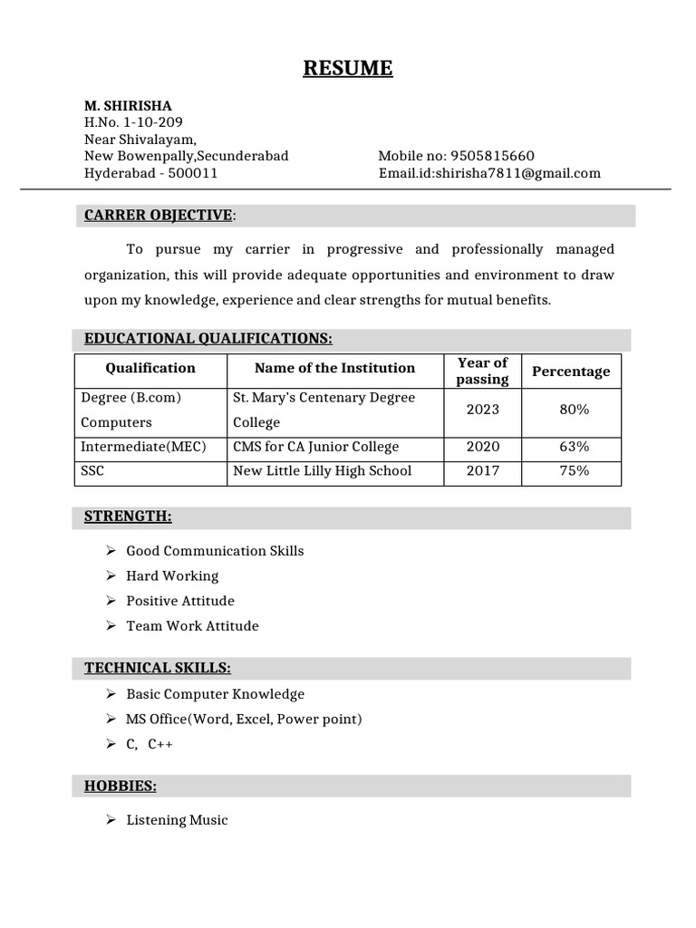 Resume of M. Shirisha in Hindi | PDF