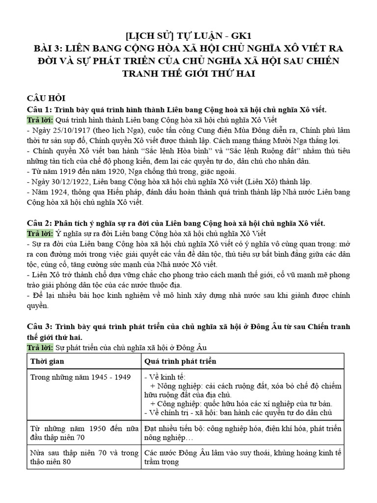 (LỊCH SỬ) TỰ LUẬN - CK1 | PDF