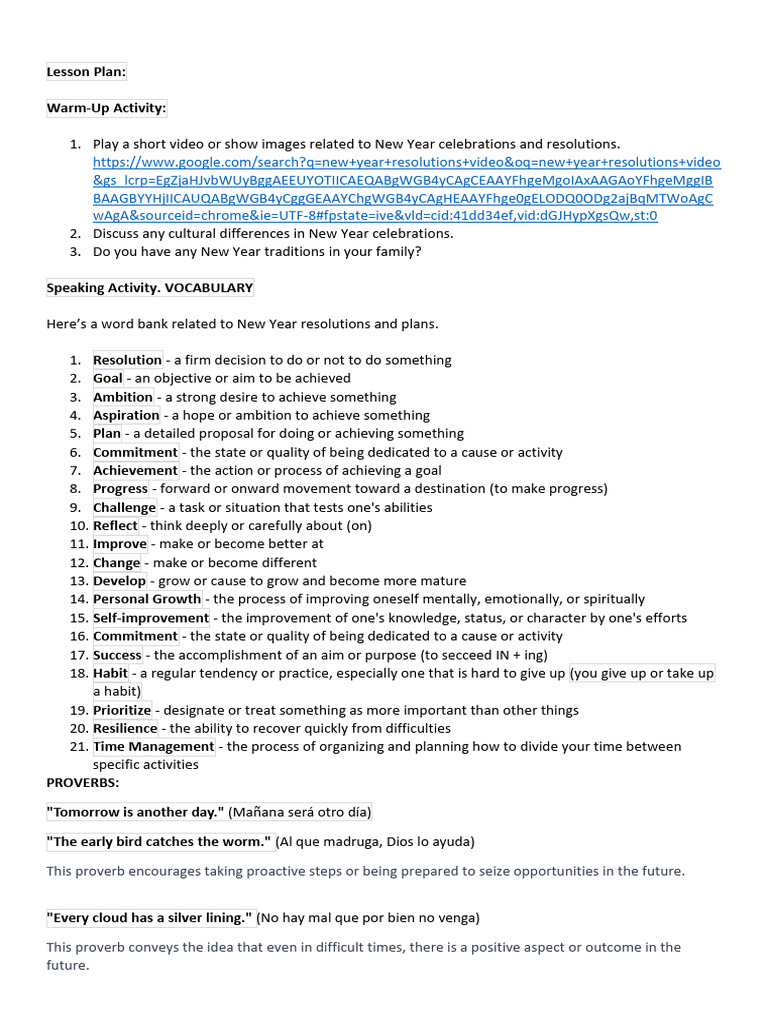Lesson Plan - new year resolutions - students (1) | PDF | Personal ...