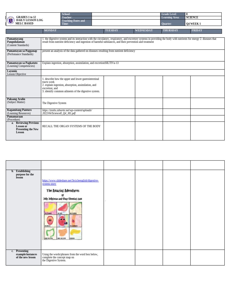 Melc DLL Sci 8 Week 1 Q4 Done | PDF | Digestion | Digestive System