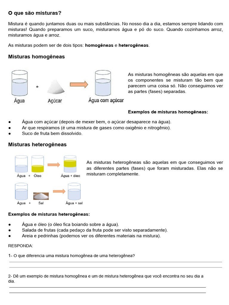 Misturas Homogêneas e Heterogêneas + Aula Prática | PDF | Mistura | Química