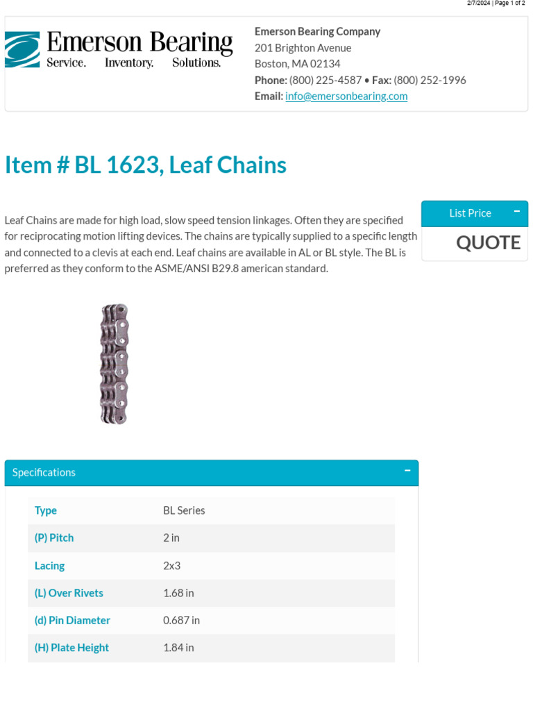 BL1623 Leaf Chain Specifications | PDF