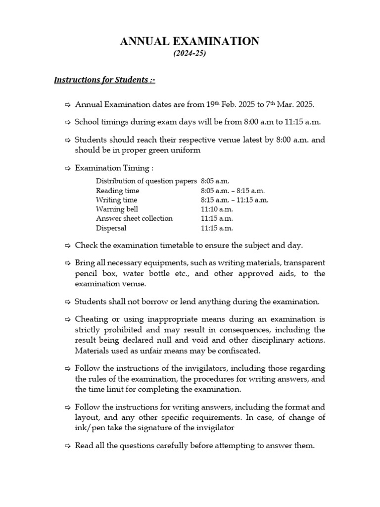 Annual Exam Instructions for Students | PDF