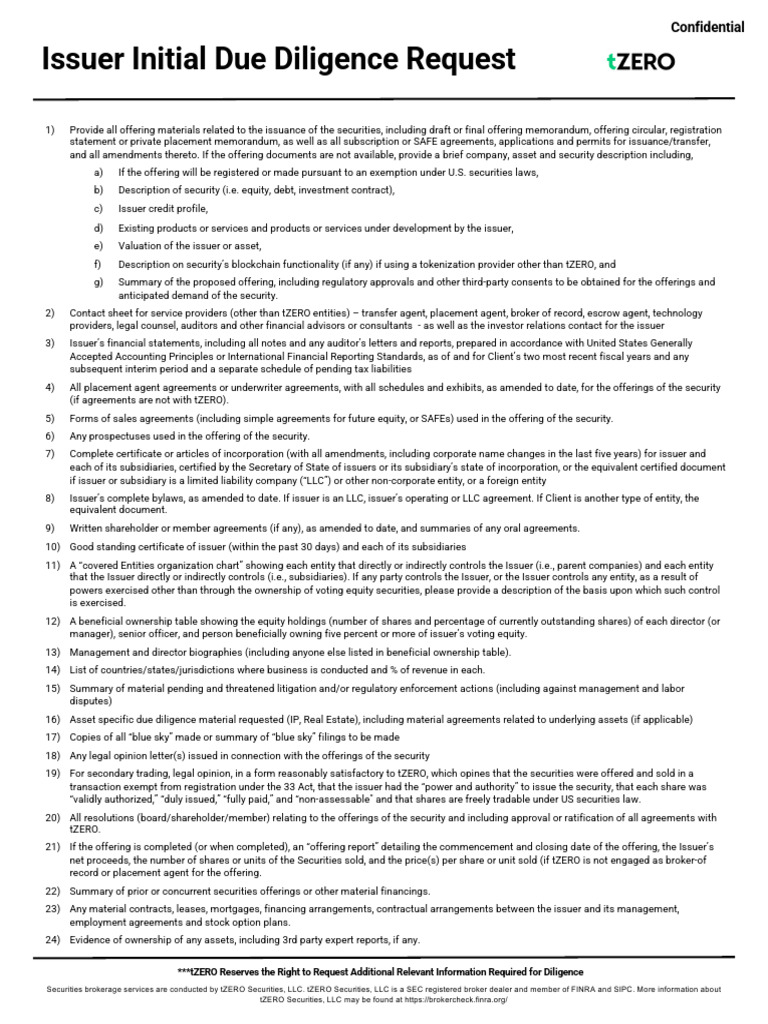 TZERO Due Diligence Checklist - VF | PDF | Securities (Finance) | Limited Liability Company