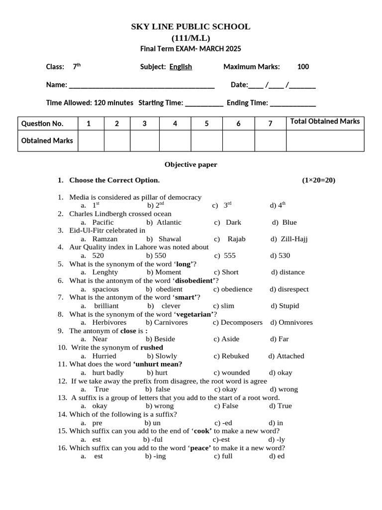 Class 7 English Exam Paper 2025 | PDF | Verb | Hajj