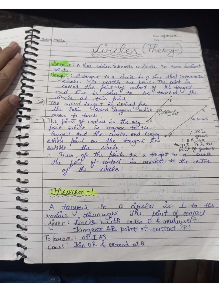 Circles handwriting theory class 10 | PDF