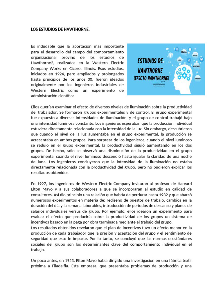 LOS ESTUDIOS DE HAWTHORNE | PDF | Comportamiento | Ciencias del ...
