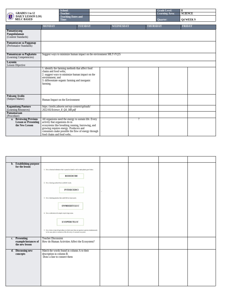 Melc DLL Sci 8 Week 9 Q4 Done | PDF | Agriculture | Organic Farming
