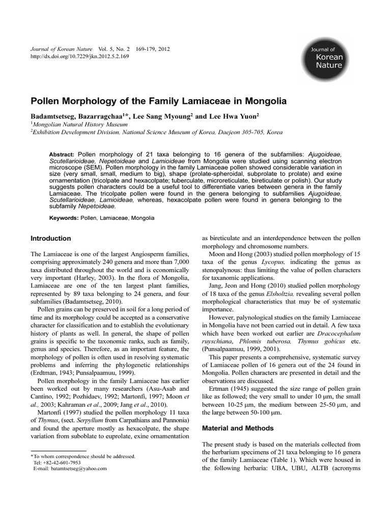 2012 Bazarragchaa Et Al Pollen Morphology of The Family Lamiaceae in ...