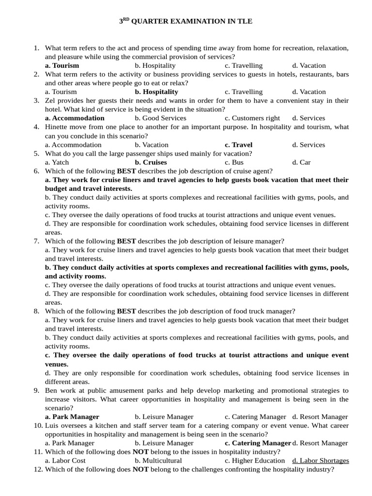 3RD Quarter Examination in Tle | PDF | Kitchen Utensil | Tourism