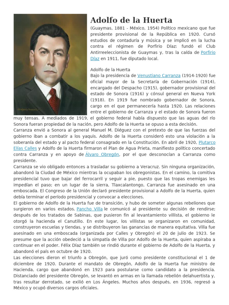 Adolfo de la Huerta: Presidente Provisional 1920 | PDF | México ...