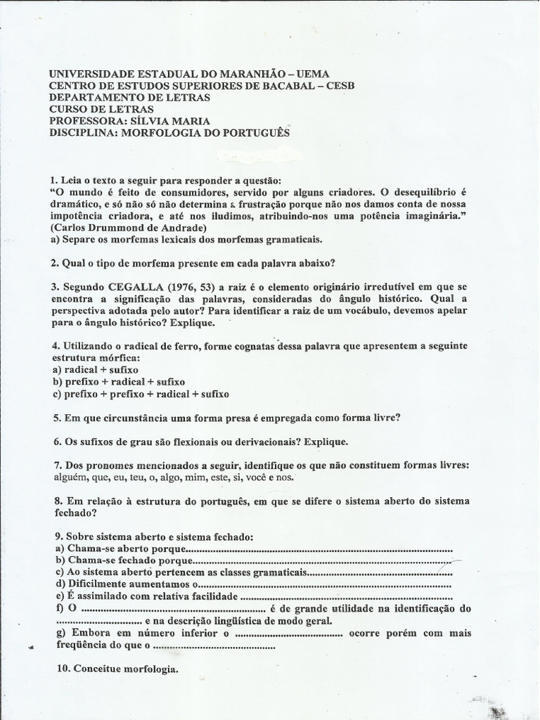 Atividade - Morfosintaxe - Ensinar (20223 2) | PDF