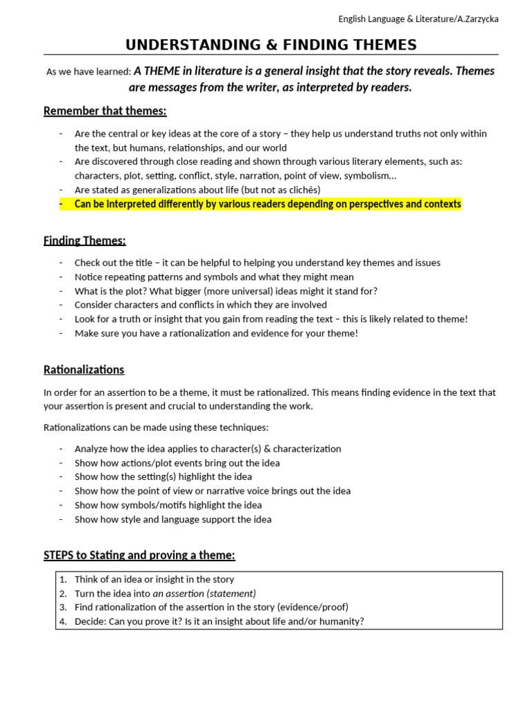 Understanding Theme - Handout and Worksheet (New) | PDF | Narration ...