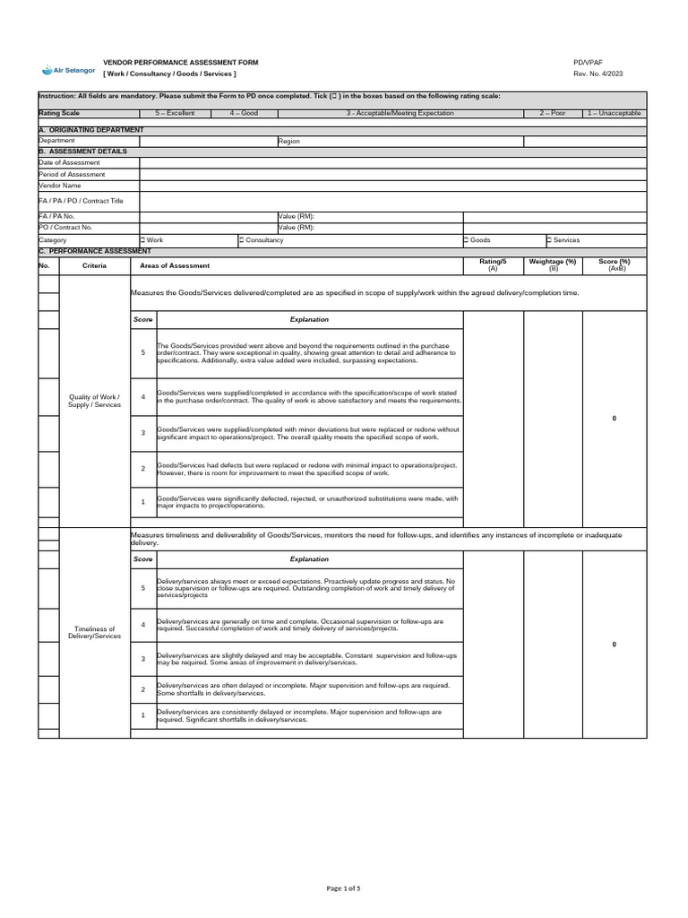 Vendor Performance Assessment Form | PDF