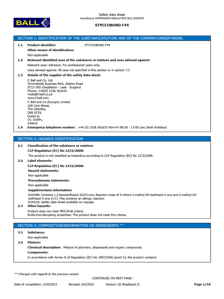 Styccobond F44 Safety Data Sheet | PDF | Toxicity | Dangerous Goods