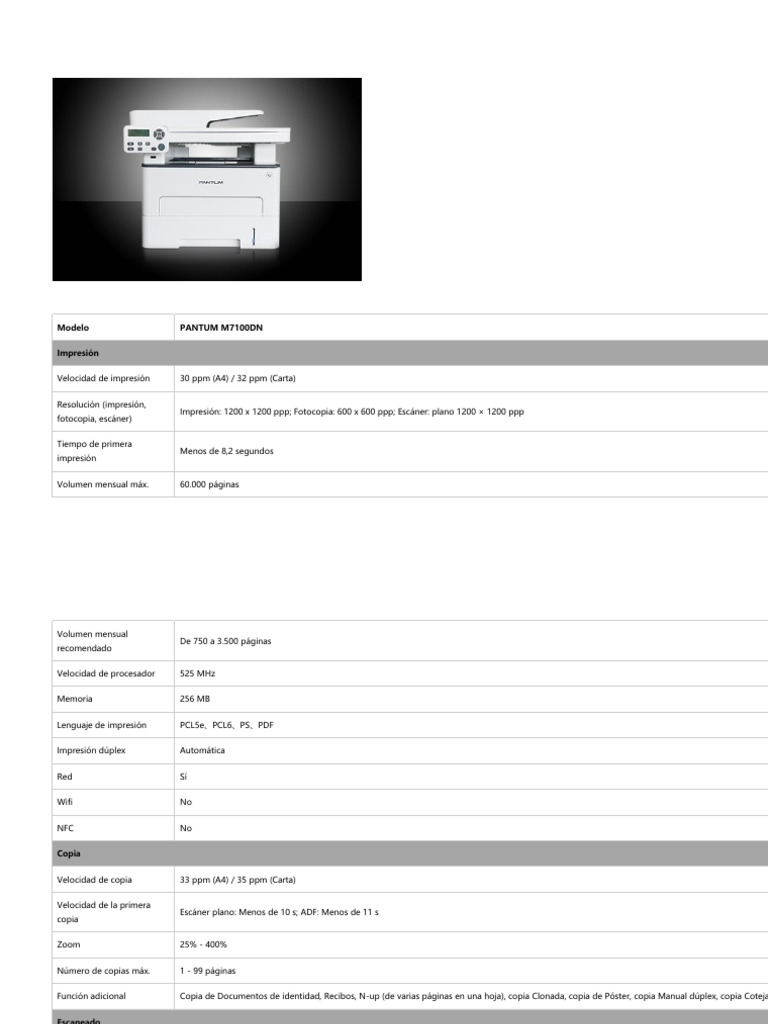 Impresora Pantum M7100DN: Especificaciones | PDF | Escáner de imagen ...