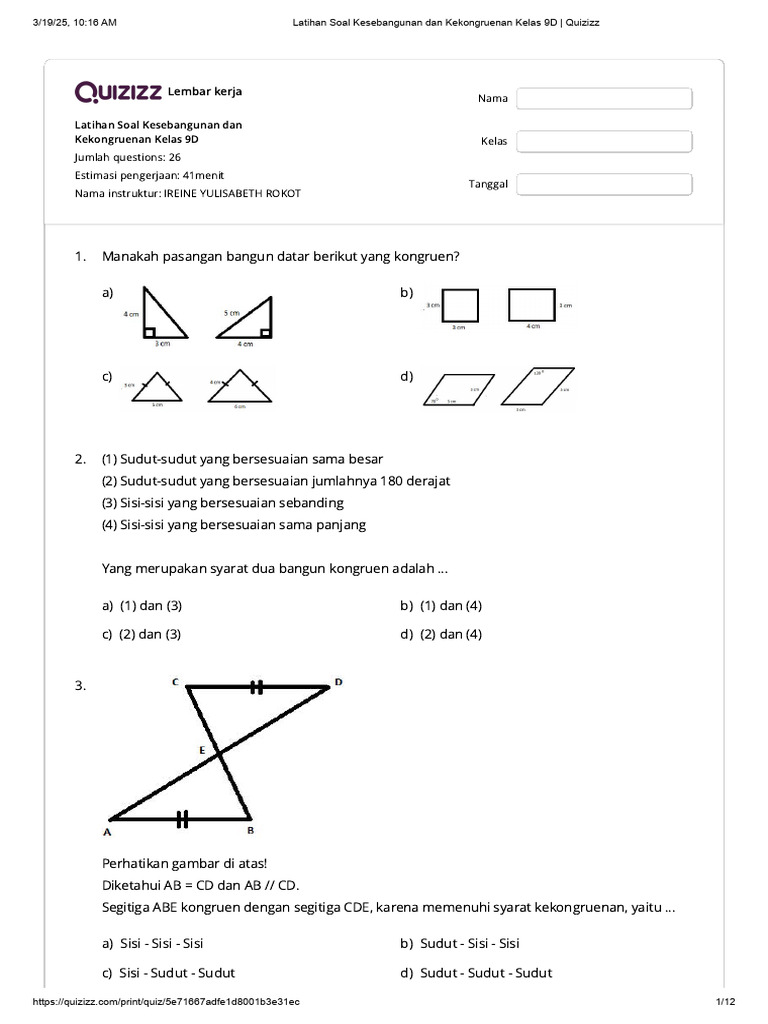 Latihan Soal Kesebangunan Dan Kekongruenan Kelas 9D - Quizizz | PDF