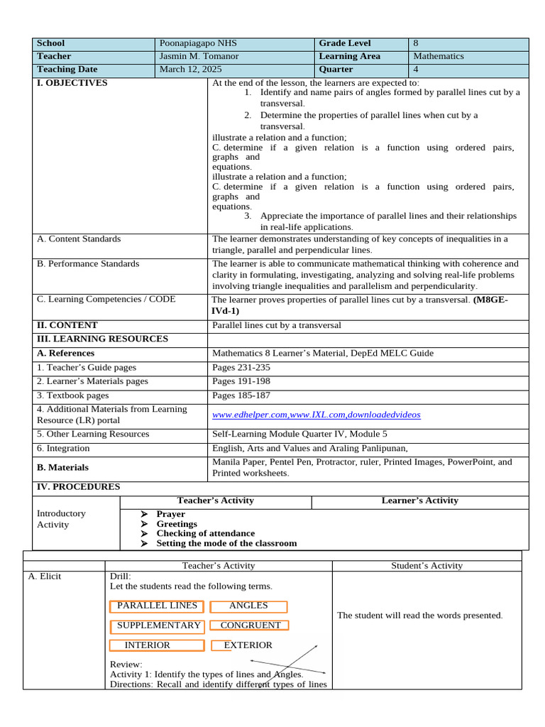 Cot 4thquarter DLP 8finall | PDF | Elementary Geometry | Euclidean Geometry