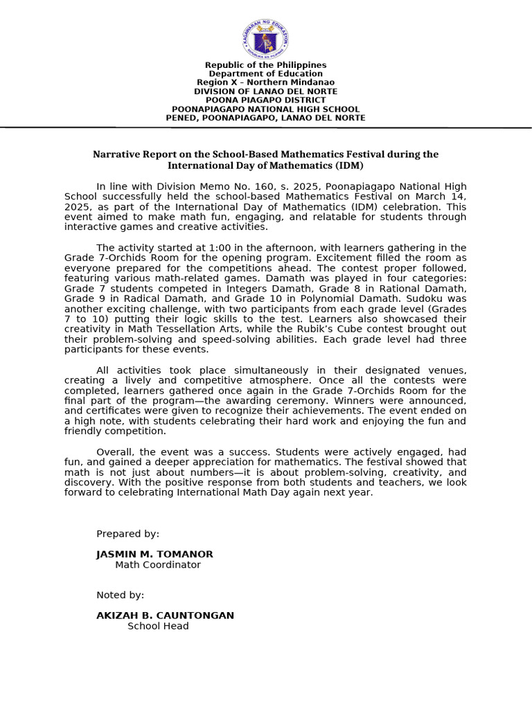 Narrative Report Math Day | PDF | Mathematics