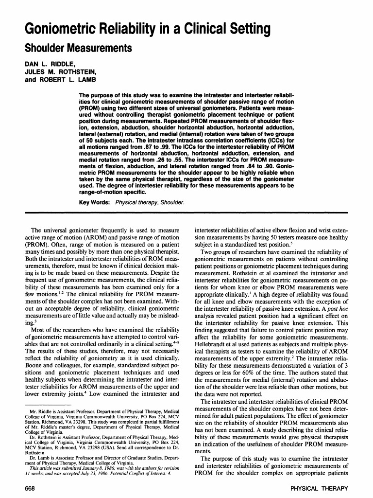 Goniometric Reliability of Shoulder Measurements | PDF | Anatomical ...
